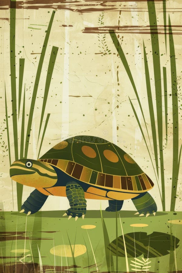 Stylized Illustration of a Turtle Walking through a Field of Reeds ...