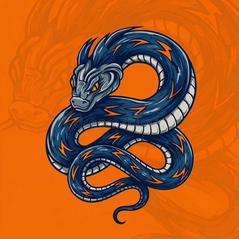 A Stylized Illustration of a Twisting Blue Dragon Set Against an Orange ...