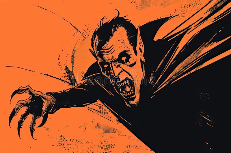 Stylized Illustration of a Vampire Lunging Forward with Sharp Fangs and ...