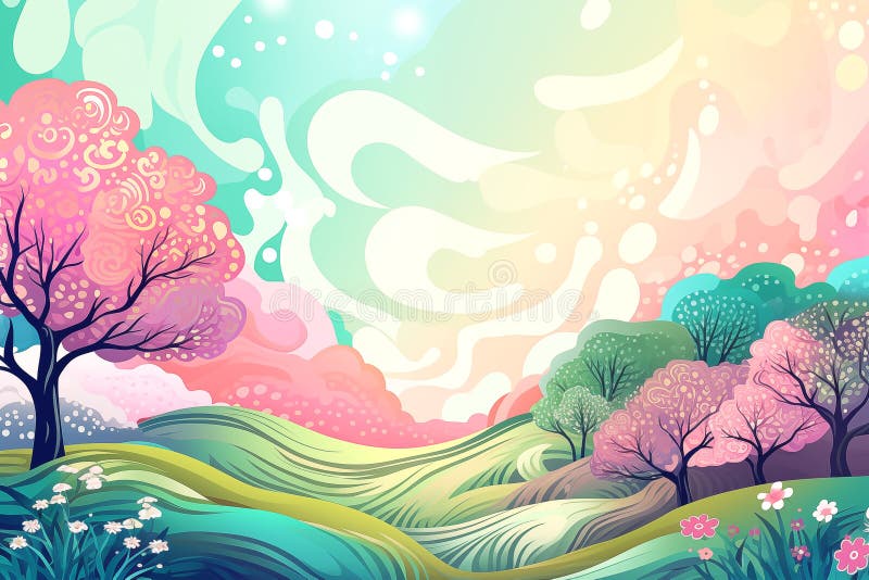 Stylized Illustration of Vibrant Spring Landscape with Colorful Trees ...
