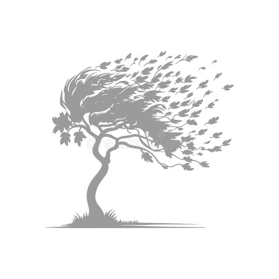 Black and White Vector Style Illustrtaion of a Windswept Tree Stock ...