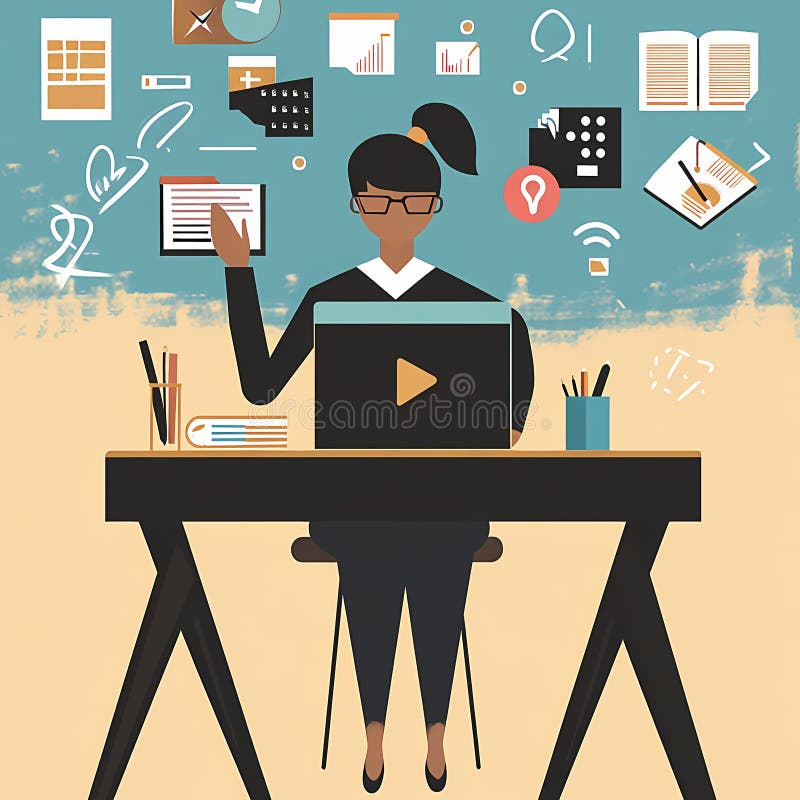 Woman Working at Desk with Multiple Tasks and Online Resources Stock ...