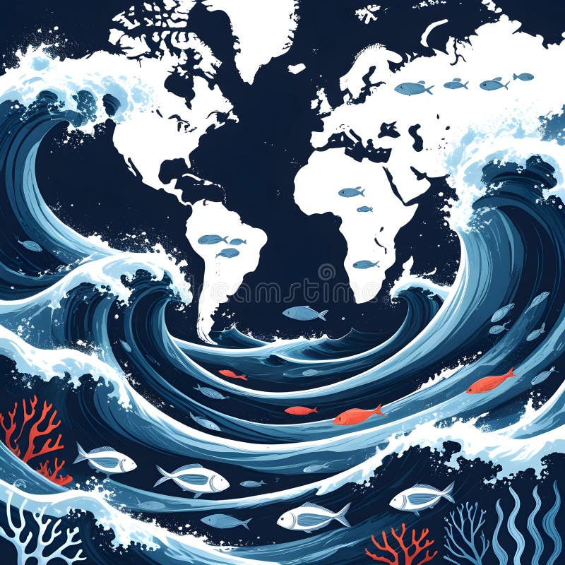 A Stylized Illustration for World Ocean Day, Featuring a World Map ...