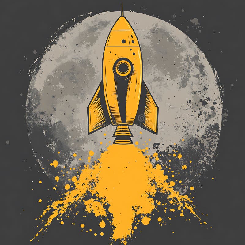A Stylized Illustration of a Yellow Rocket Launching Against a Gray ...