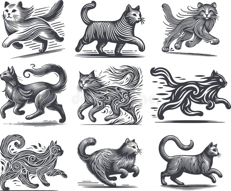 Stylized Illustrations of Cats in Dynamic Poses Using Engraving ...