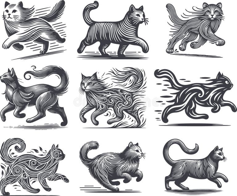 Stylized Illustrations of Cats in Dynamic Poses Using Engraving ...