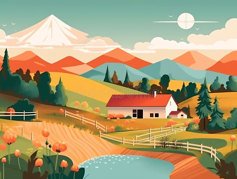 Stylized Illustrations of Farm and Rolling Hills with Warm, Rustic ...