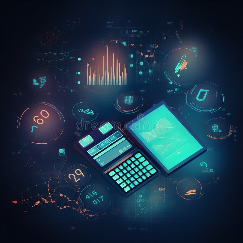 Stylized Image of a Calculator with Various Financial Symbols and Data ...