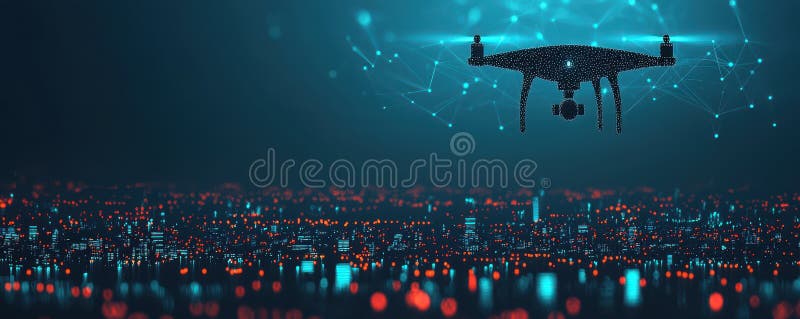 Futuristic Drone Flying Over Smart City at Night Aerial View Technology ...