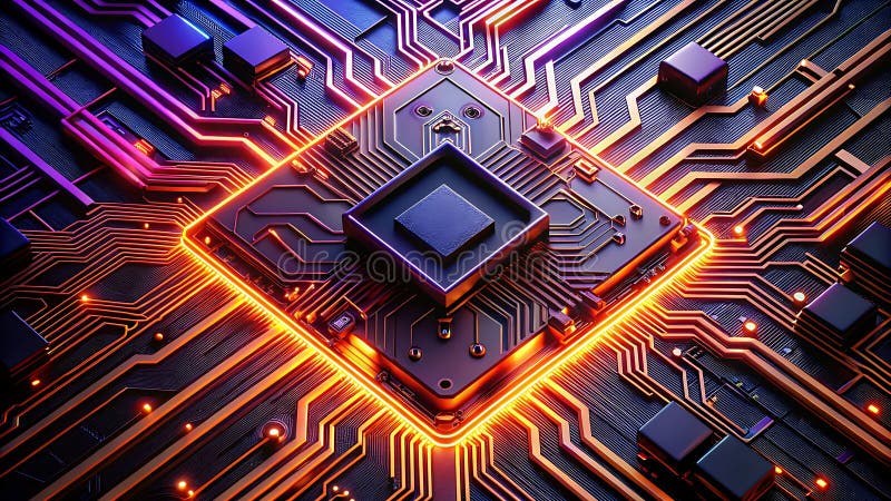 Cyberpunk Style Computer Chip Silhouette Glowing Orange and Purple ...