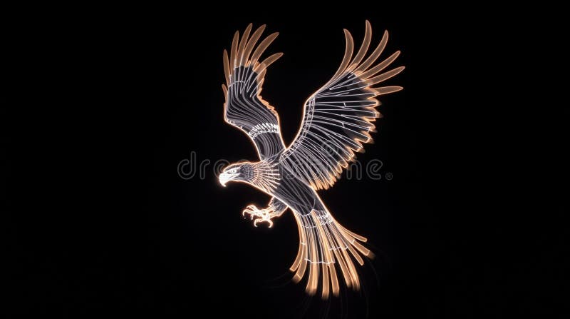 Abstract Glowing Eagle in Flight, Wings Spread Wide Against a Black Background. a Powerful and ...