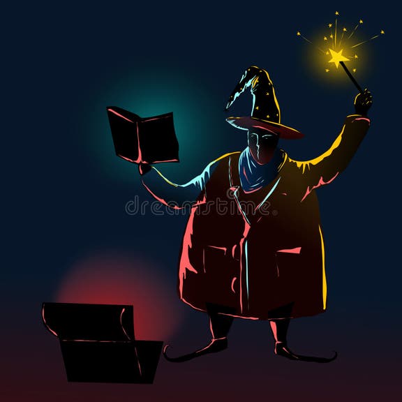Stylized Image of a Fat Black Wizard Conjuring with a Magic Stick while ...