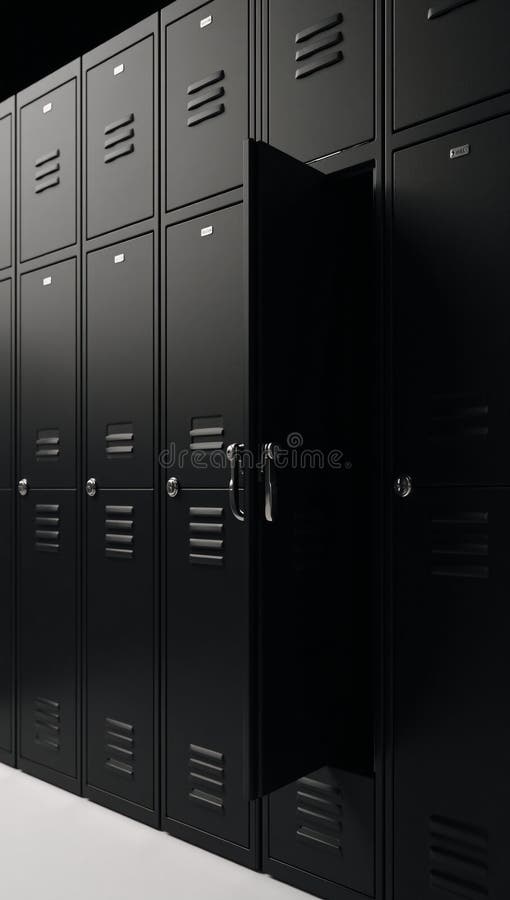 A Stylized Image Featuring Black Lockers with One Open Compartment ...