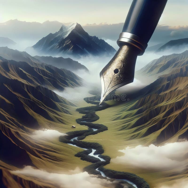 A Stylized Image of a Fountain Pen Nib Positioned Over a River Valley ...