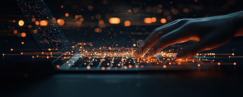 Futuristic Hand Interacting with Glowing Laptop Keyboard Digital ...