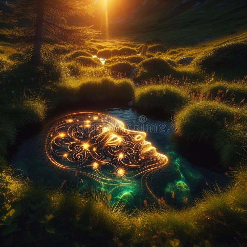 A Stylized Image of a Luminous Face Appearing in a Tranquil Pond at ...