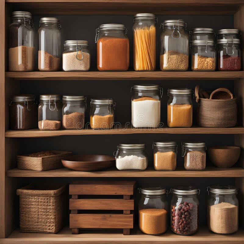 A Stylized Image Showcasing a Rustic Pantry Shelf Filled with a Variety ...