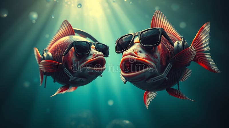 Two Cool Fish Wearing Sunglasses and Headphones, Underwater Stock ...