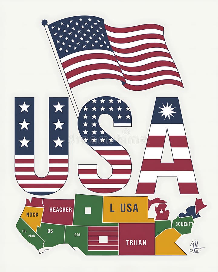 American Flag Design Featuring USA Letters and Map Stock Illustration ...