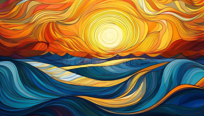 A Cubist Sunset Over the Sea. AI Generated. Stock Illustration ...