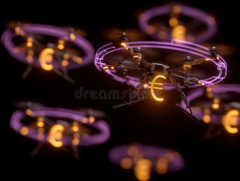 A Stylized Image of Vibrant Purple Drones, Flying in an Abstract ...