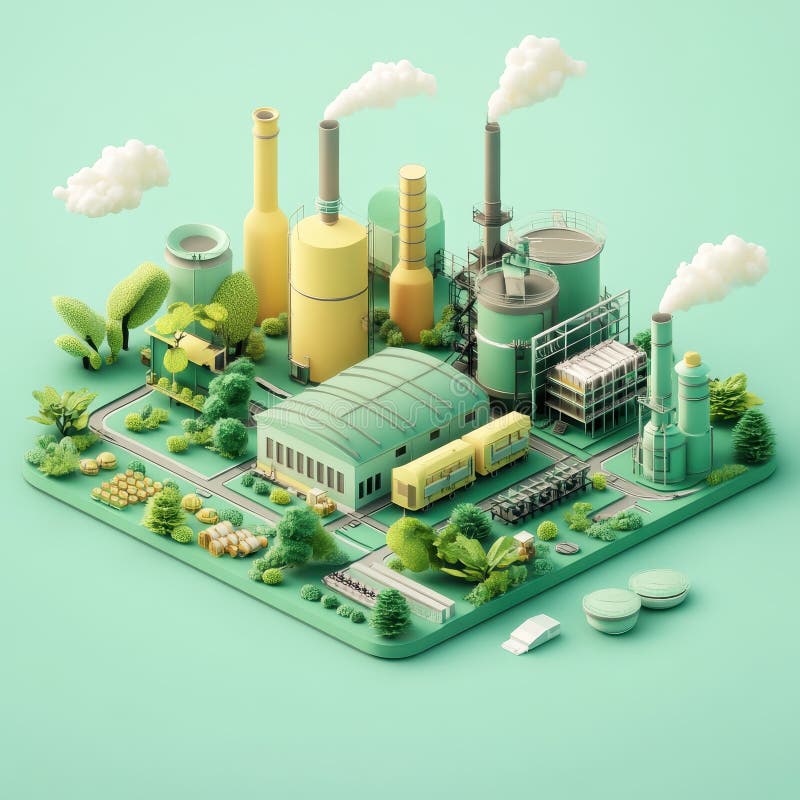 A Stylized Industrial Scene Featuring Factories, Smokestacks, and ...