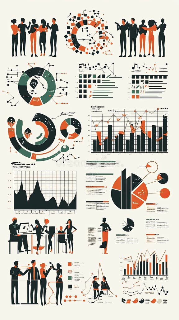 Stylized Infographic Collage Featuring Business Teams, Charts, and ...