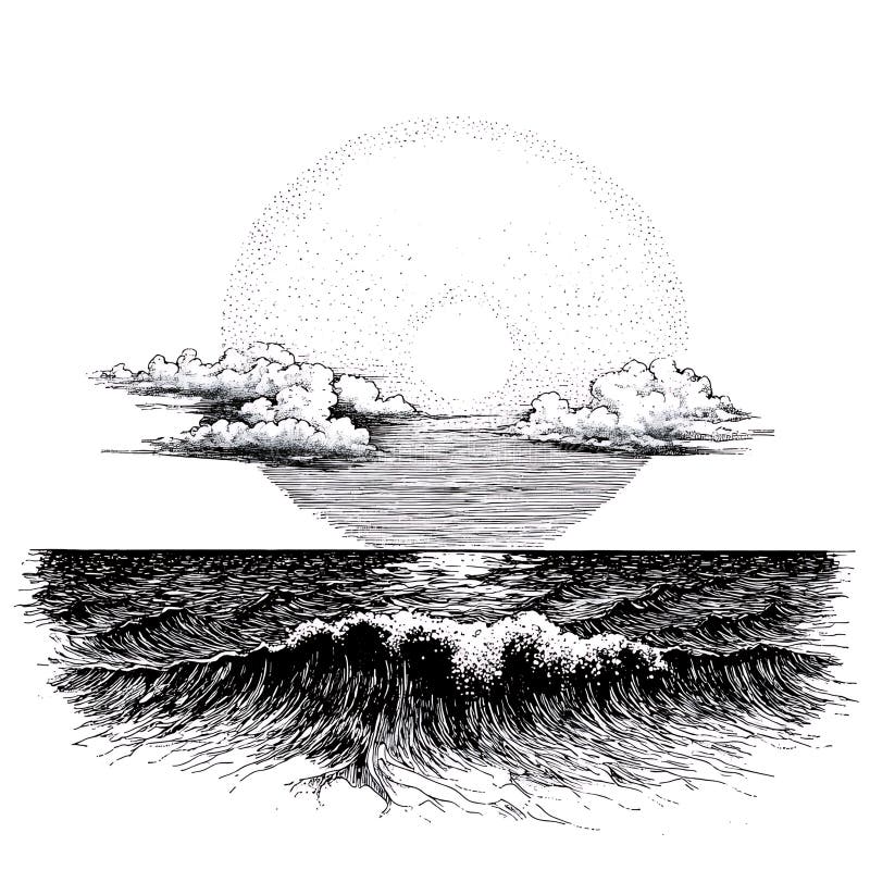 Stylized Ink Drawing of Ocean Waves and Sunset Stock Illustration ...
