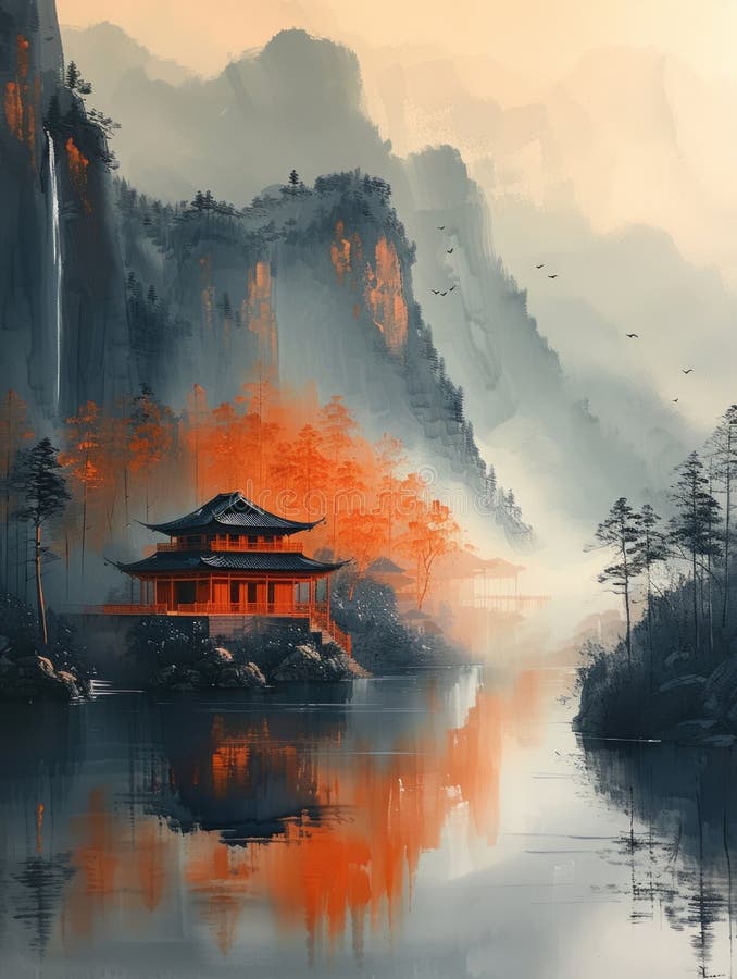 Stylized Ink Landscape Decoration Generative AI Stock Illustration ...