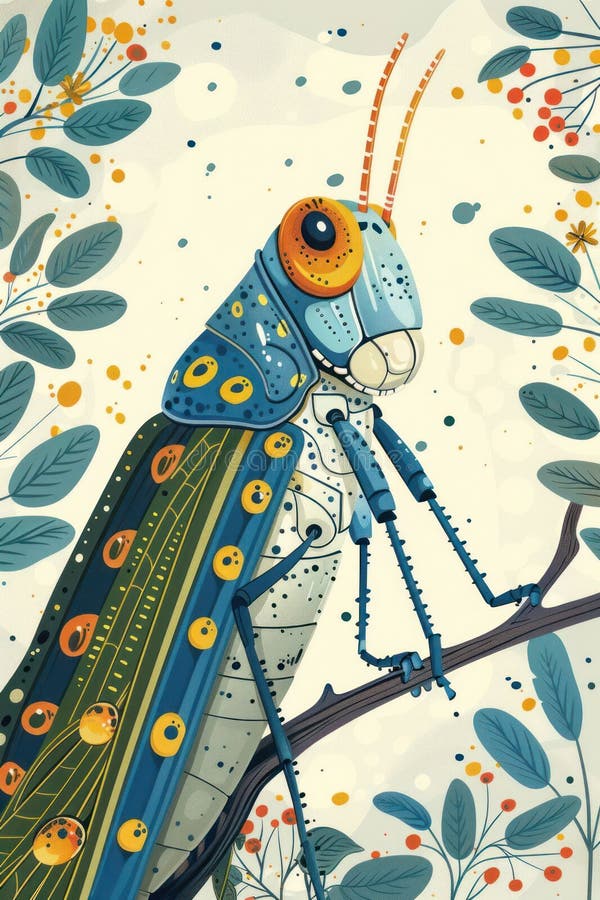 Stylized Grasshopper on Branch, Vibrant Nature Illustration Stock ...