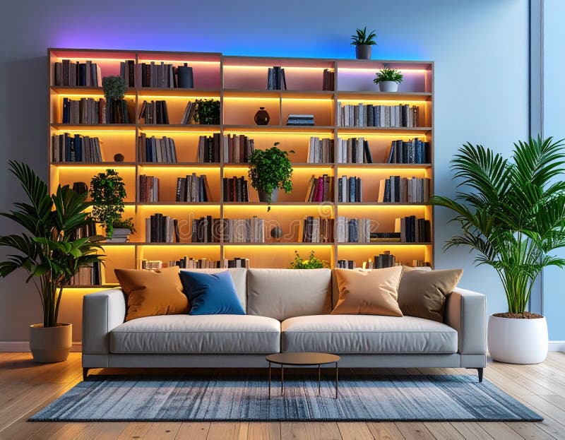 Modern Bookshelf Wall with Ambient LED Lighting Stock Illustration ...