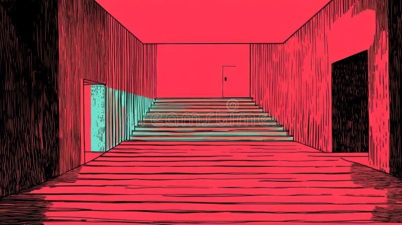 A Stylized Interior Space with Stairs and Doorways, Featuring Bold ...