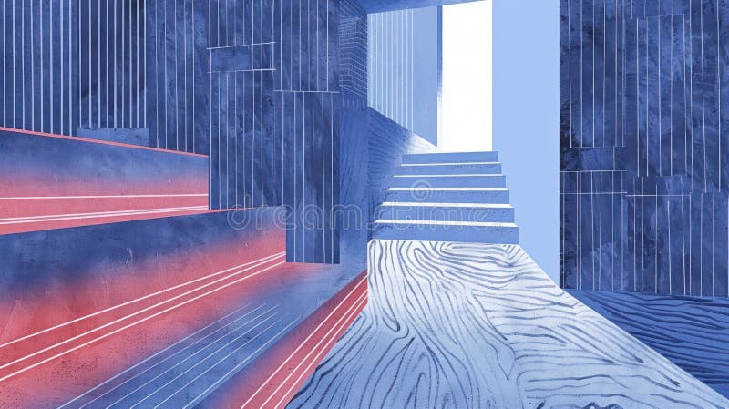 A Stylized Interior Space with Stairs and Light, Featuring Abstract ...