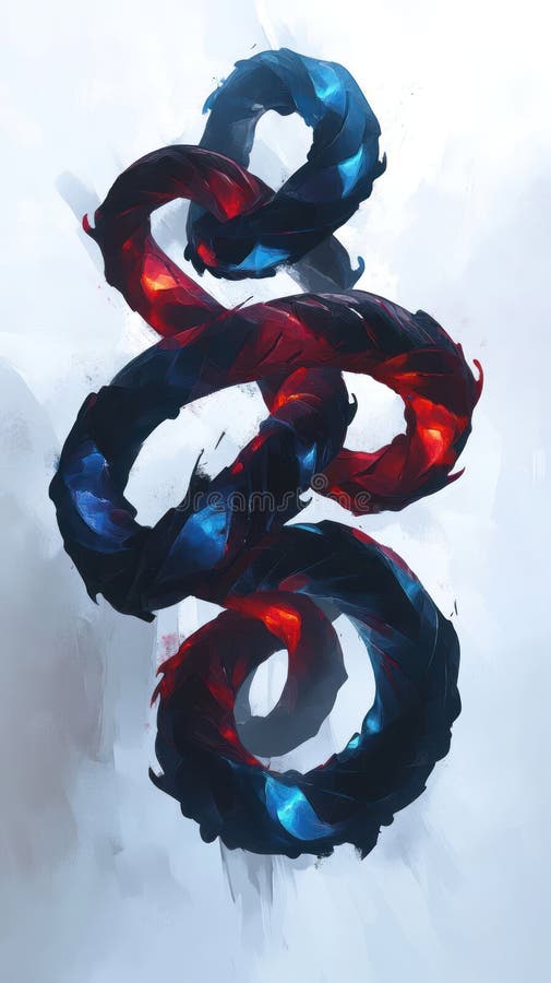 A Stylized, Intertwined Serpent Design with Red and Blue Colors on a ...