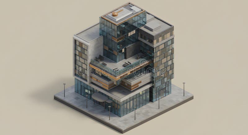 Isometric Modern Building Architecture Design with Glass Facade and ...