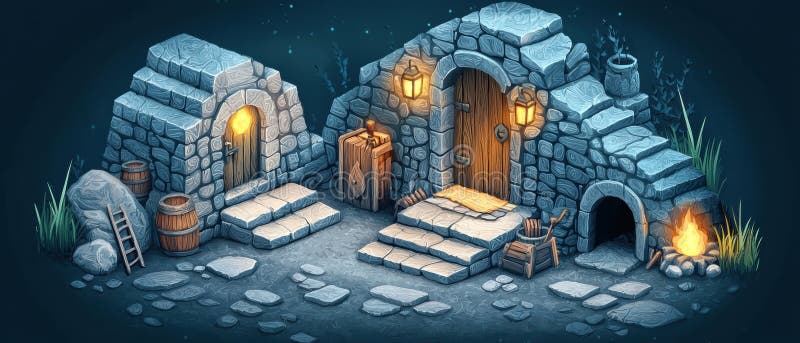 Stylized Isometric Dungeon Scene with Stone Structures and Warm ...