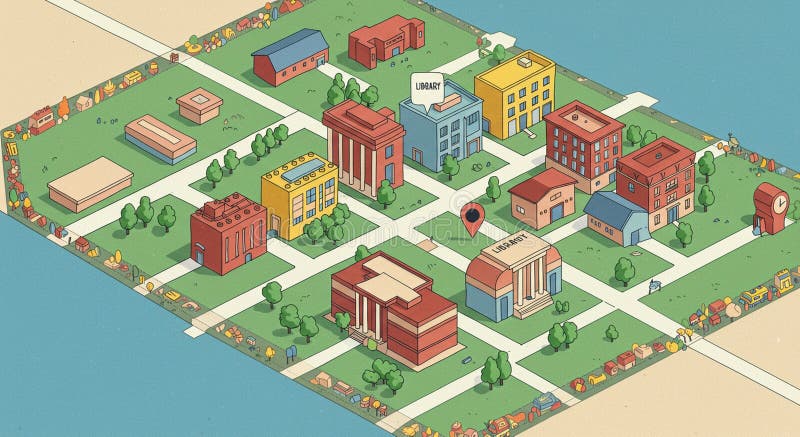 A Stylized Isometric Illustration Depicts a Small Town Layout ...