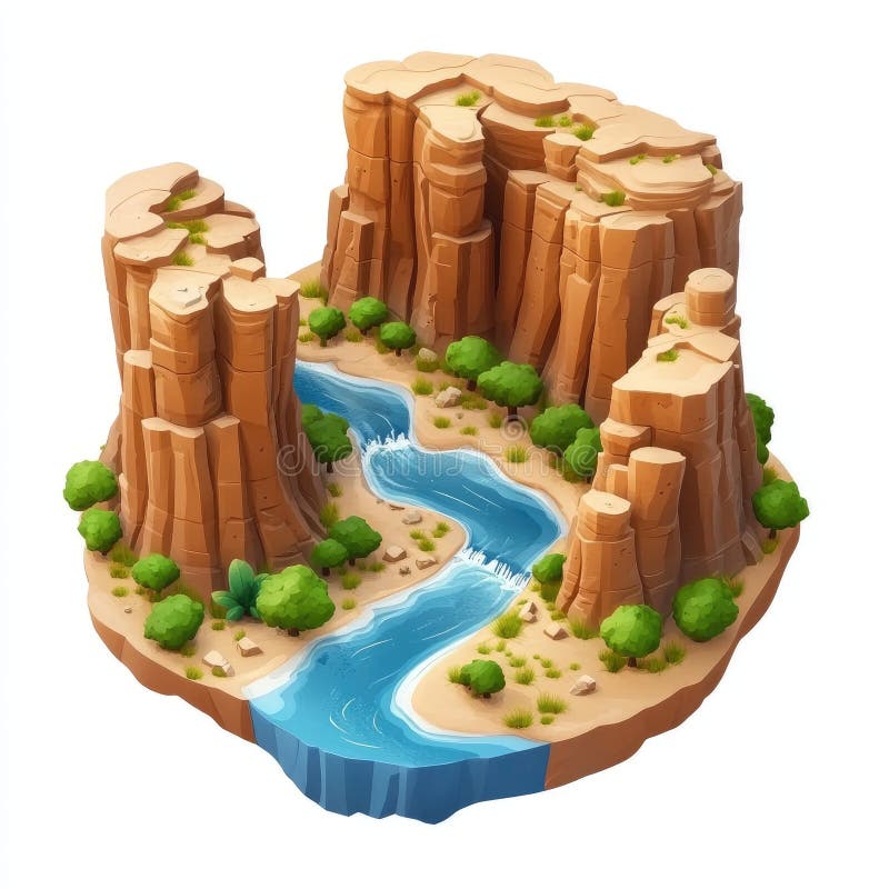 Isometric View of a Canyon with River and Lush Greenery Stock ...