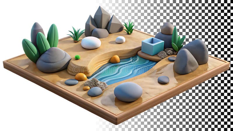 Isometric Garden Stream Rocks Plants Minimalist Png Transparent Image ...