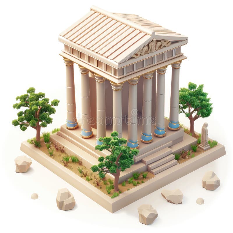 Ancient Greek Temple Isometric View: Majestic Columns and Lush Greenery ...