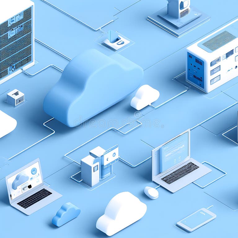 Isometric Cloud Computing Network with Servers Laptops and Connected Devices in a Blue Setting ...