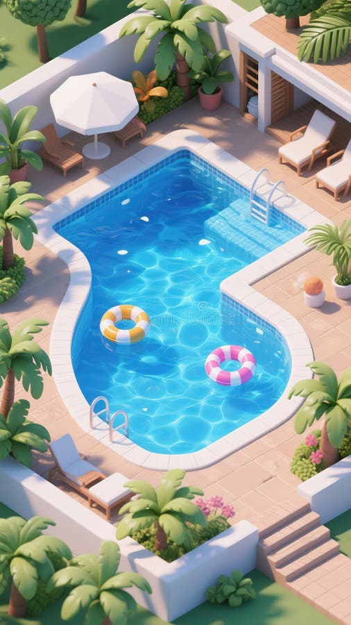 Stylized Isometric View of a Luxurious Pool Area with Palm Trees ...