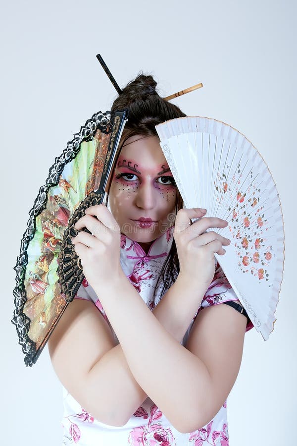 Stylized Japanese Geisha with Fan Stock Photo - Image of asian, beauty ...