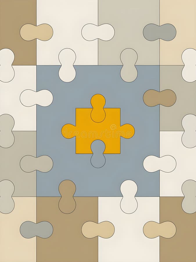 Stylized Jigsaw Puzzle with Central Orange Piece and Blue Square Stock ...