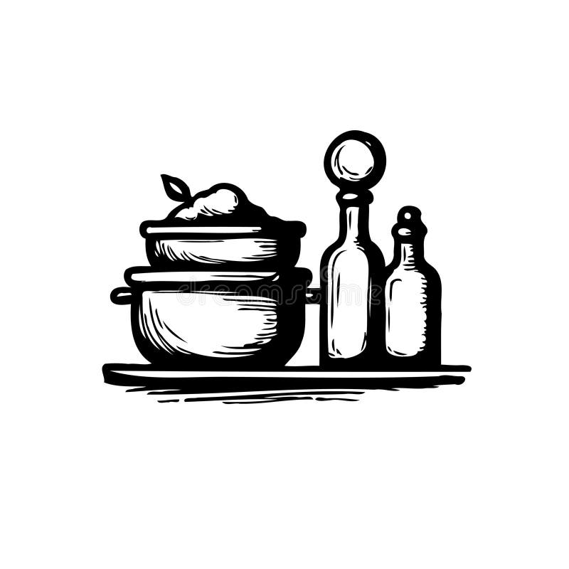 Stylized Kitchen Still Life with Stacked Containers and Bottles in ...