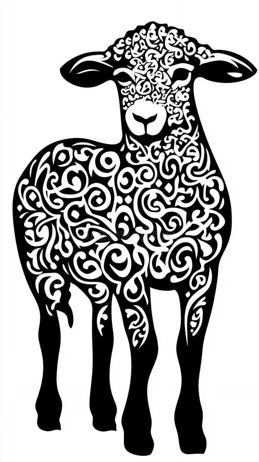 Stylized Lamb Silhouette with Intricate Scrollwork Pattern in Black and ...