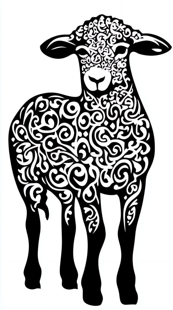 Stylized Lamb Silhouette with Intricate Scrollwork Pattern in Black and ...