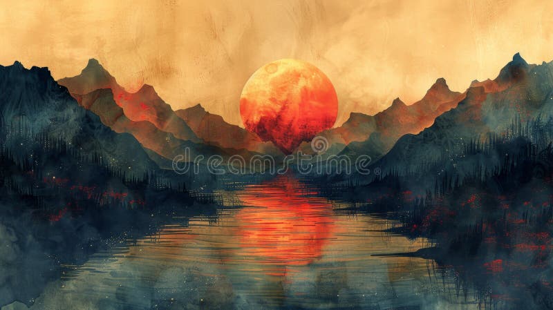 Stylized Landscape, Abstract View of Mountains, River and Setting Sun ...