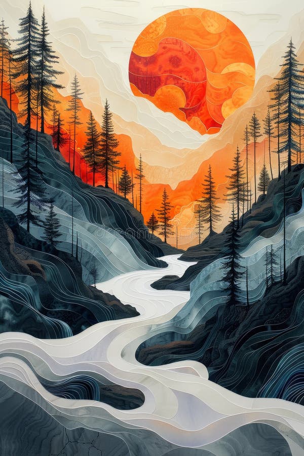 Stylized Landscape, Abstract View of Mountains, River and Setting Sun ...
