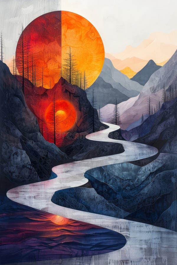 Stylized Landscape, Abstract View of Mountains, River and Setting Sun ...